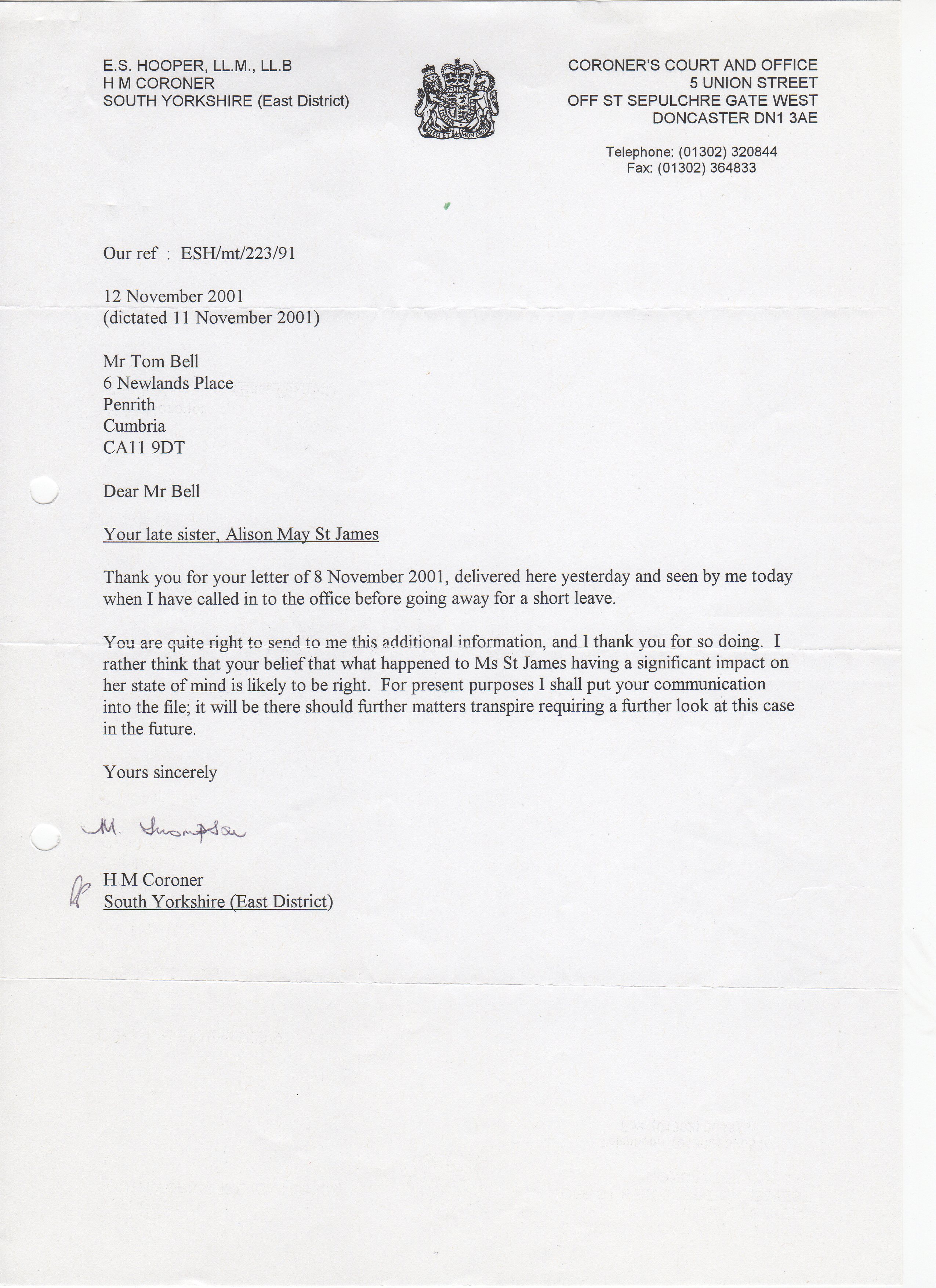 Letter from the Coroner | Alison's Story