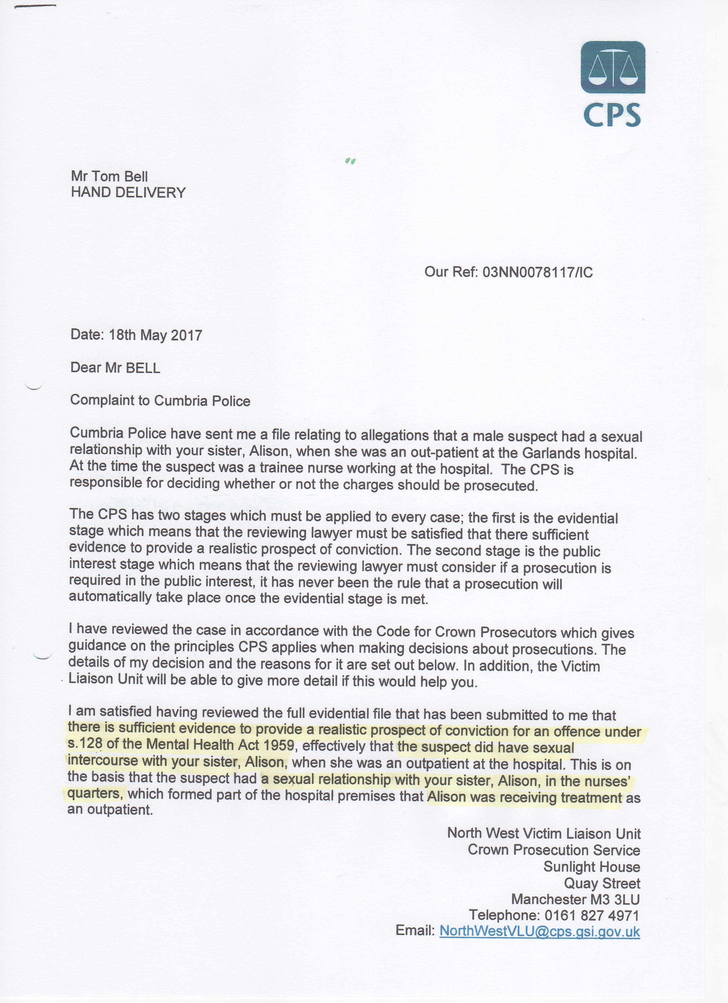 Decision letter from the CPS – May 2017 | Alison's Story
